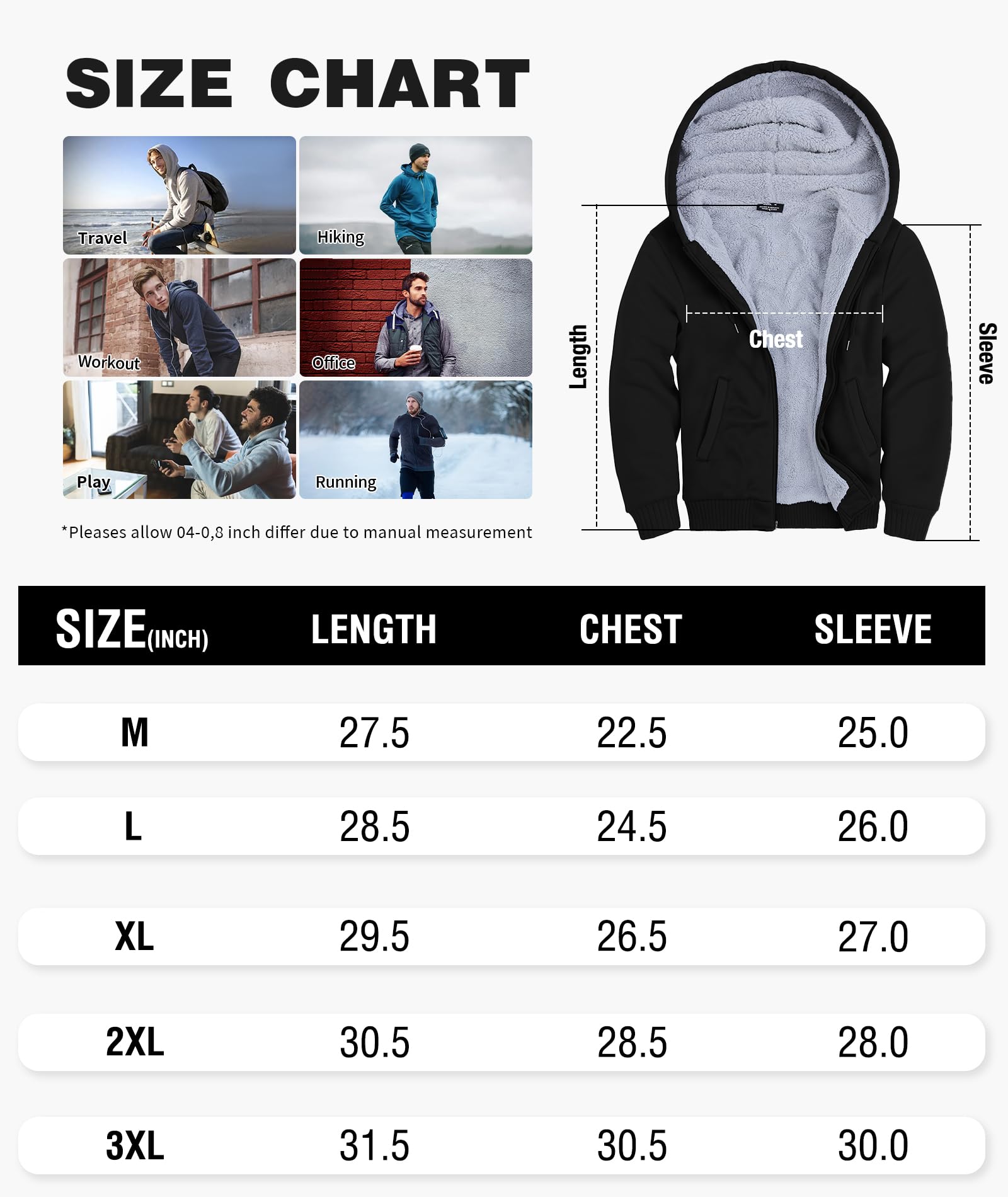 GEEK LIGHTING Hoodies for Men Heavyweight Fleece Sweatshirt - Full Zip Up Thick Sherpa Lined, Pure black L