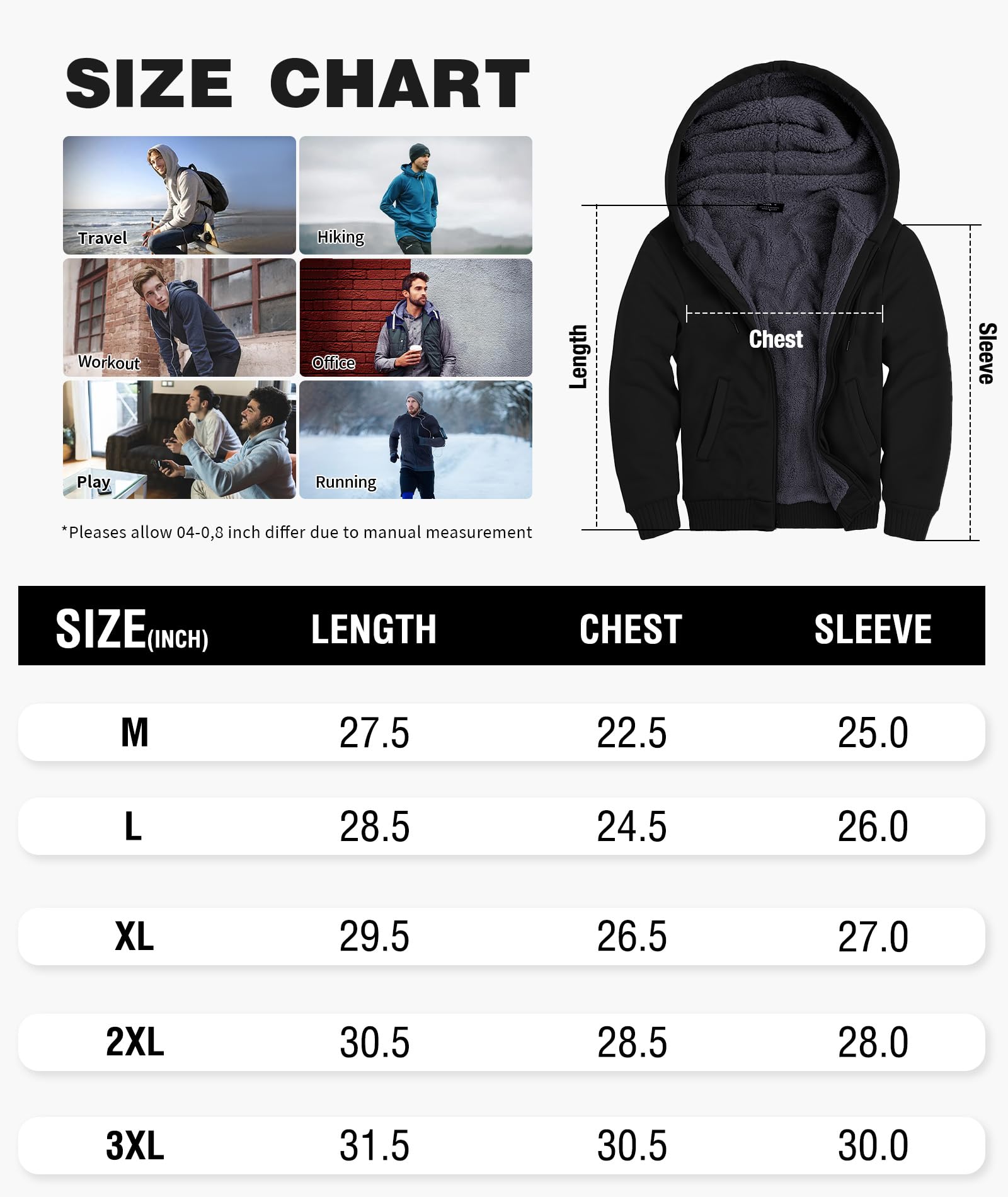 GEEK LIGHTING Hoodies for Men Heavyweight Fleece Sweatshirt - Full Zip Up Thick Sherpa Lined, Pure black L