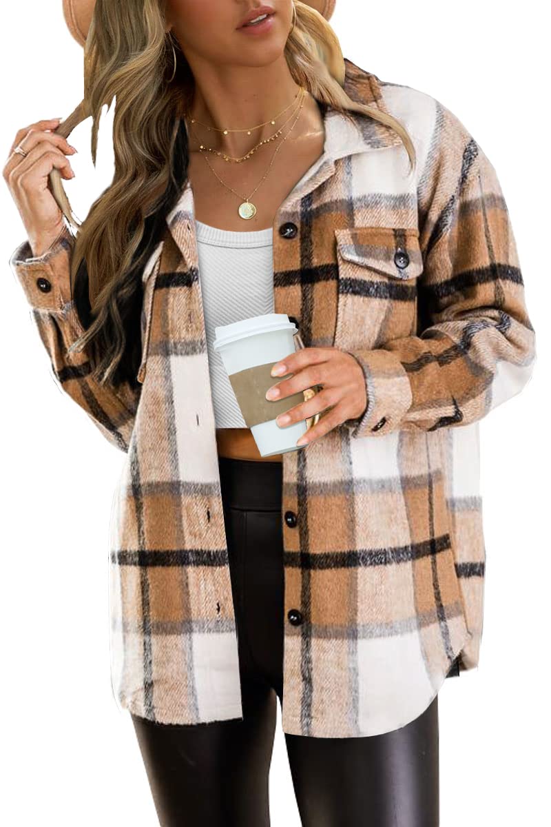 AUTOMET Womens Fall Outfits Fashion Clothes Tops Oversized Flannel Jackets Shirts Button Down Long Sleeve Shacket Blouse 2024 Apricot