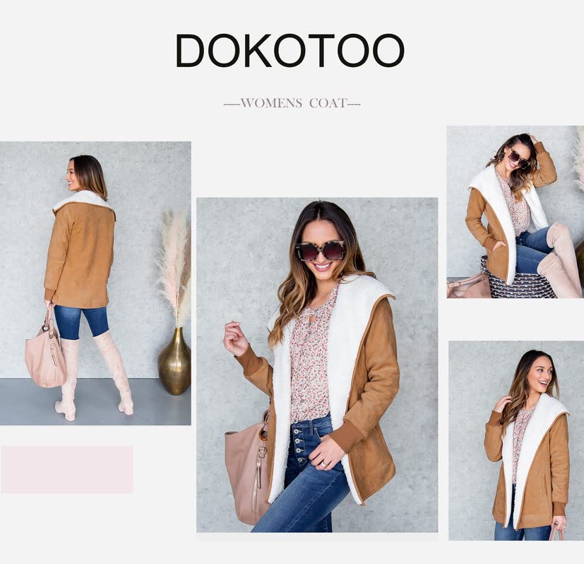 Dokotoo Womens Winter Warm Long Sleeve Open Front Fleece Jacket Stand Collar Sherpa Lined Outerwear Fashion Thicken Faux Suede Coats Jackets for Women 2024,XL,Khaki