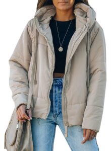 dokotoo womens oversized fashion windbreaker winter autumn full zipper front drawstring hooded bomber puffer jacket baggy short coats for women warm comfy soft outerwear with pockets beige s