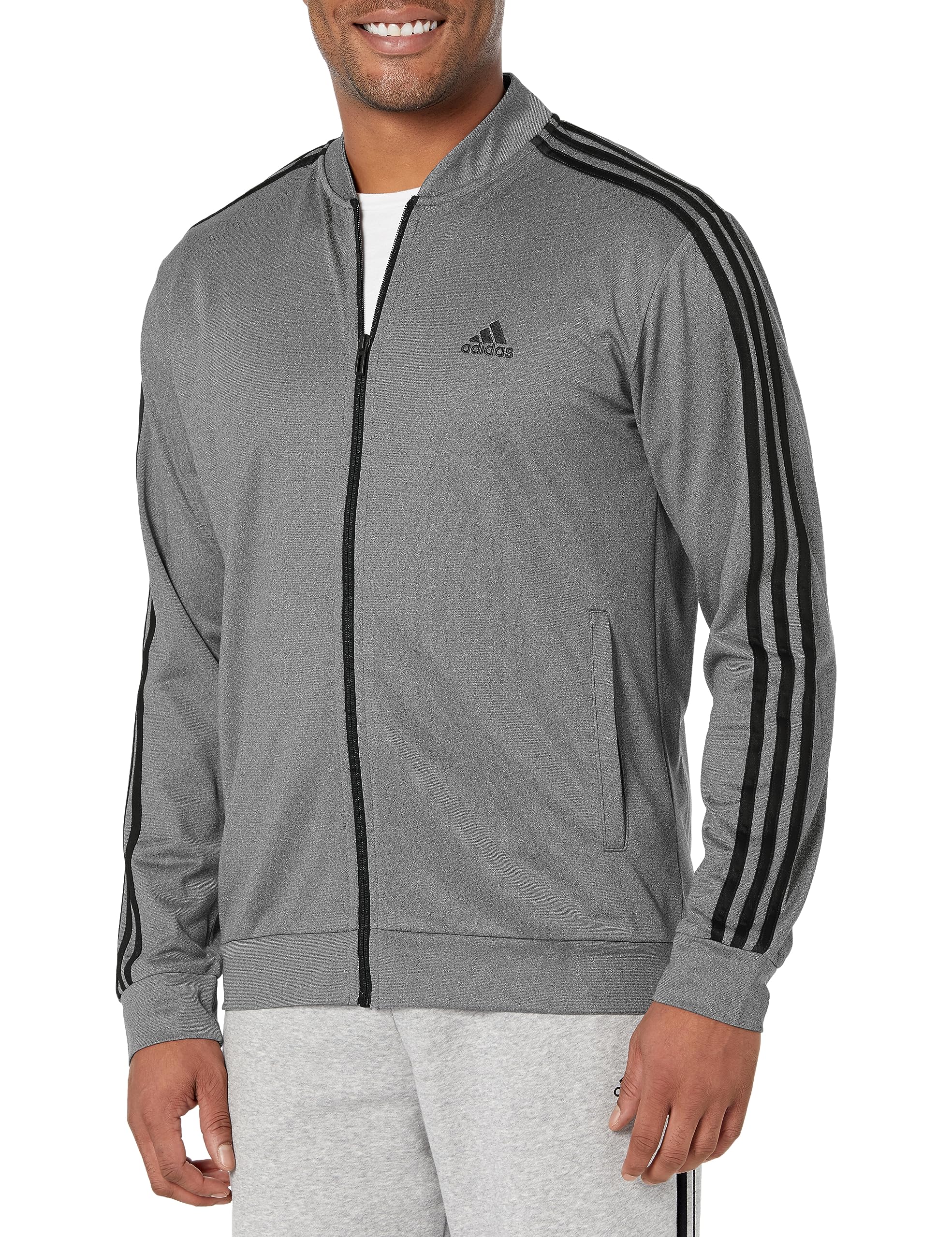 adidas Men's Three Stripe Tricot Full-Zip Jacket, Dark Grey Heather, Medium