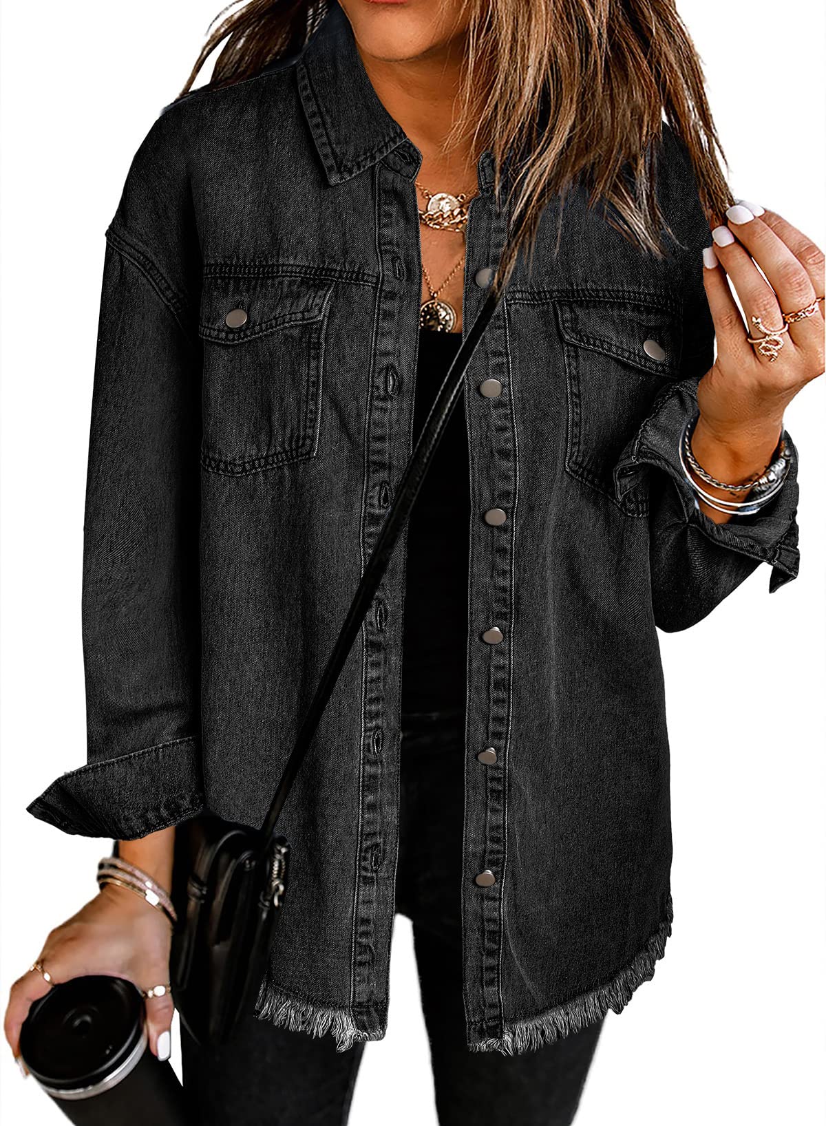 Dokotoo Women's Casual Boyfriend Oversized Lapel Button Up Long Sleeve Denim Trucker Jacket Distressed Ripped Denim Jackets Fray Hem Tassels Jean Jacket for Women with Pockets, (US 8-10) M,Black