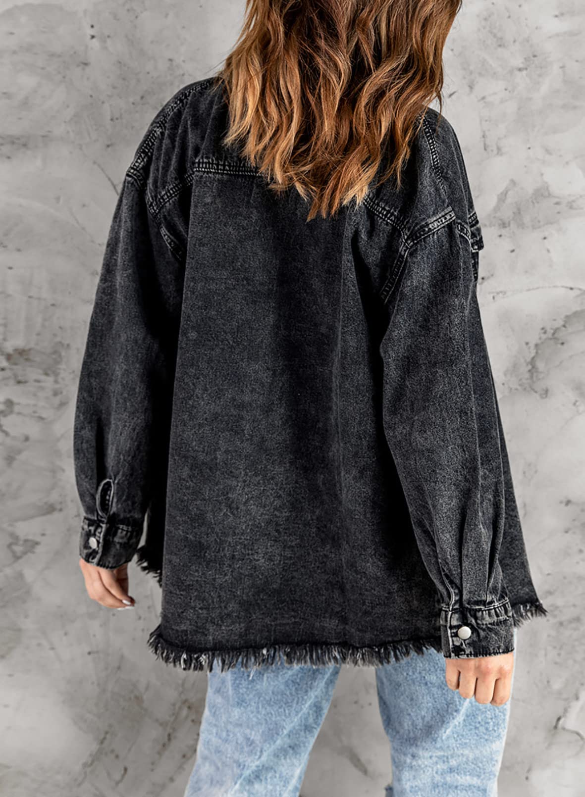 Dokotoo Women's Casual Boyfriend Oversized Lapel Button Up Long Sleeve Denim Trucker Jacket Distressed Ripped Denim Jackets Fray Hem Tassels Jean Jacket for Women with Pockets, (US 8-10) M,Black