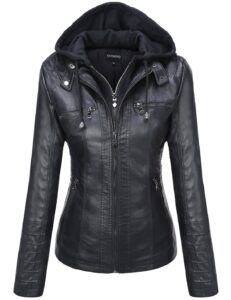 tanming women's womens hooded faux leather jackets (medium, black)