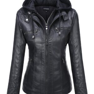 Tanming Women's Womens Hooded Faux leather Jackets (Medium, Black)