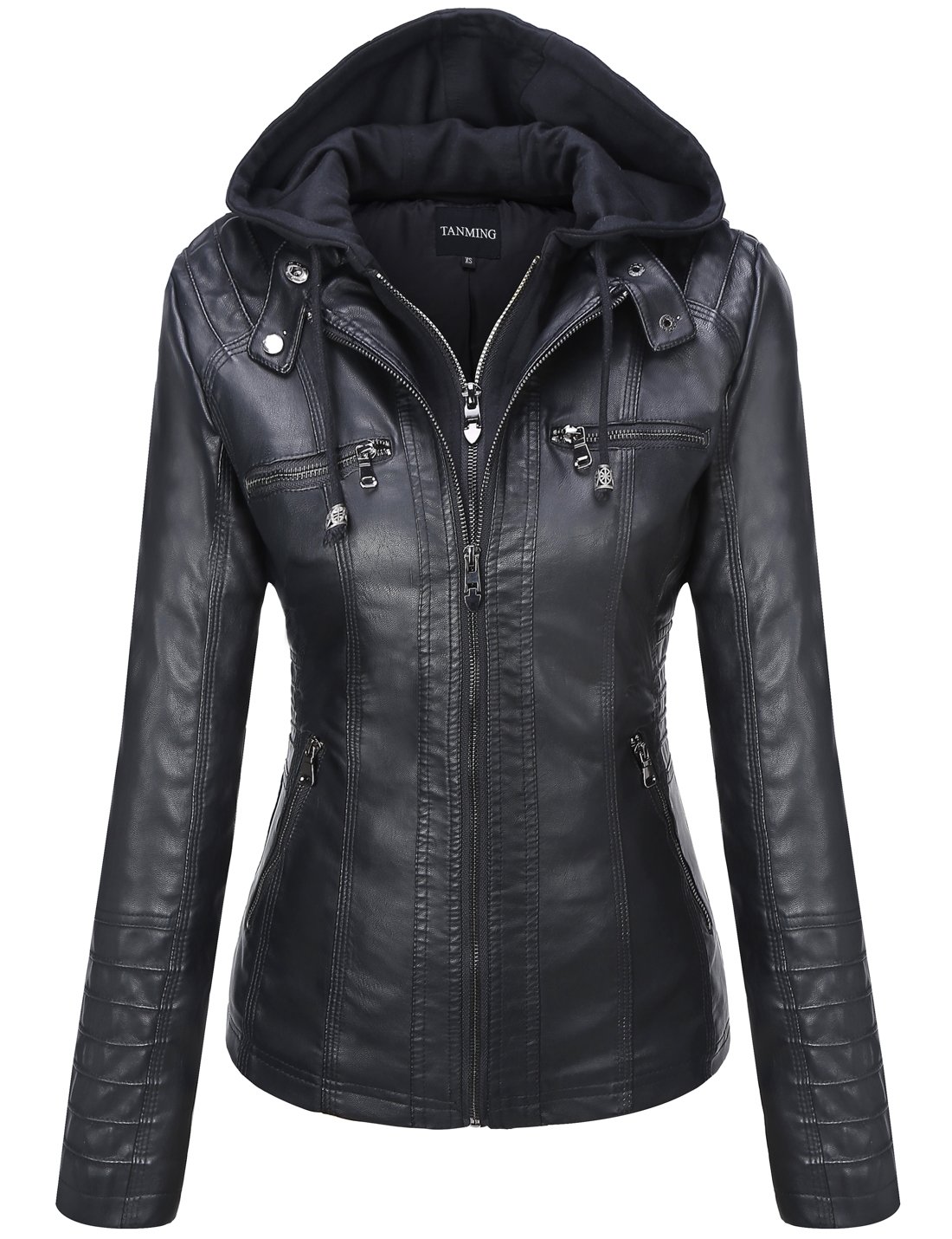 Tanming Women's Womens Hooded Faux leather Jackets (Medium, Black)