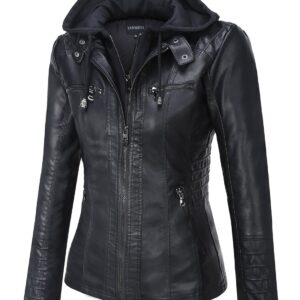 Tanming Women's Womens Hooded Faux leather Jackets (Medium, Black)