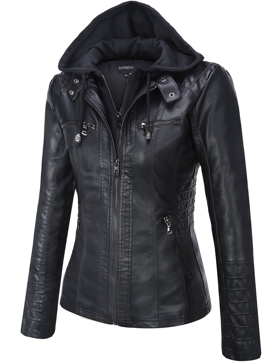 Tanming Women's Womens Hooded Faux leather Jackets (Medium, Black)