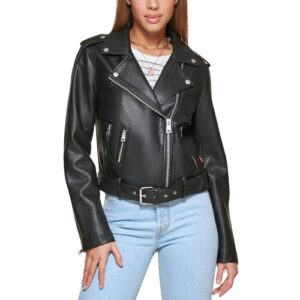 levi's women faux leather belted motorcycle jacket (standard and plus sizes), black, large