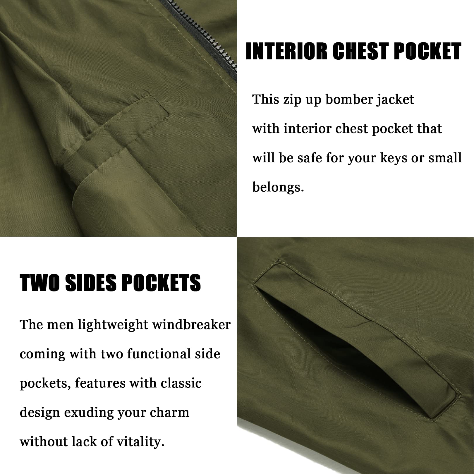 COOFANDY Men's Bomber Jacket Winter Windbreaker Jackets Fashion Winter Front Zip Jackets Army Green L