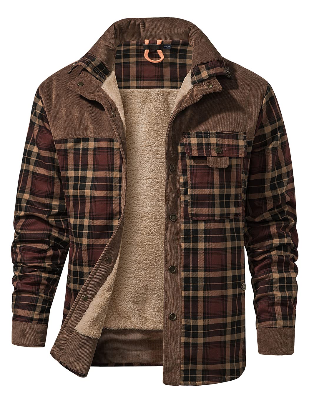 Haellun Men's Long Sleeve Sherpa Lined Shirt Jacket Flannel Plaid Fleece Coats (Medium, Coffee)