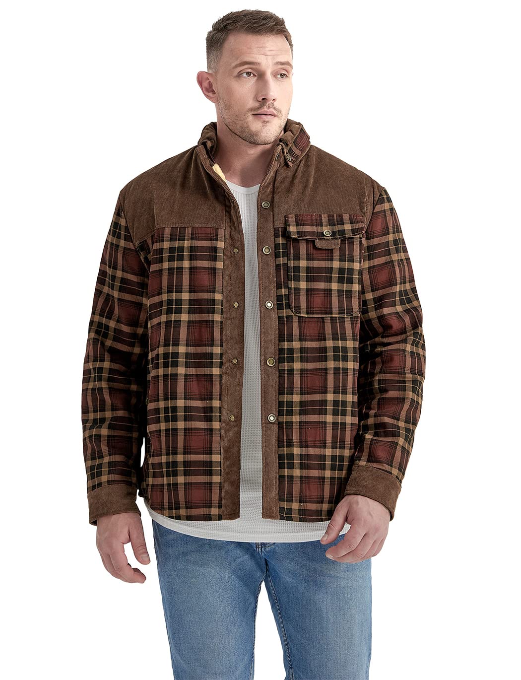 Haellun Men's Long Sleeve Sherpa Lined Shirt Jacket Flannel Plaid Fleece Coats (Medium, Coffee)