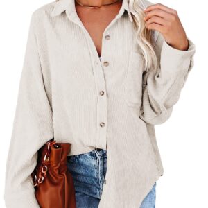 Astylish Womens Long Sleeve Button Up Pocket Shirts Ladies Loose Fit Corduroy Tunic Blouse Tops Beige M