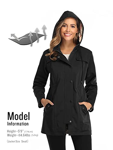 SaphiRose Women's Long Hooded Rain Jacket Outdoor Raincoat Windbreaker(Black,X-Large)