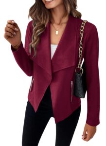 prettygarden women cropped jackets 2024 fall long sleeve faux suede leather coats with pockets (wine red,large)