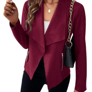 PRETTYGARDEN Women Cropped Jackets 2024 Fall Long Sleeve Faux Suede Leather Coats with Pockets (Wine Red,Large)