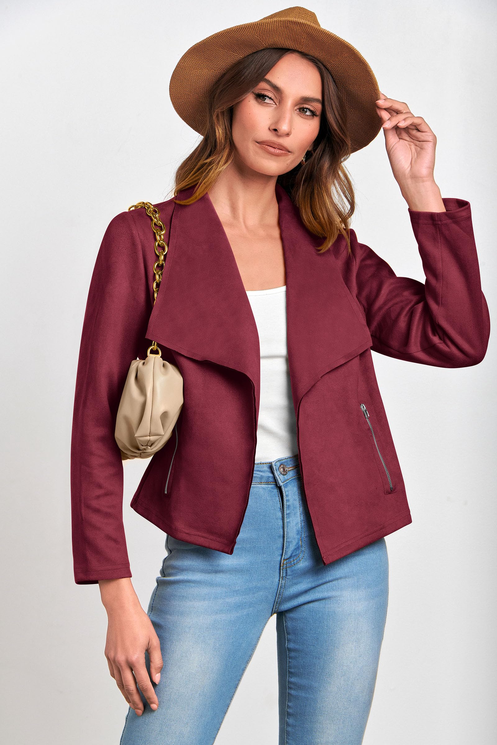 PRETTYGARDEN Women Cropped Jackets 2024 Fall Long Sleeve Faux Suede Leather Coats with Pockets (Wine Red,Large)