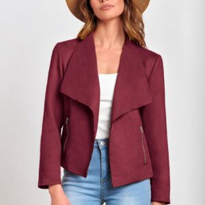 PRETTYGARDEN Women Cropped Jackets 2024 Fall Long Sleeve Faux Suede Leather Coats with Pockets (Wine Red,Large)