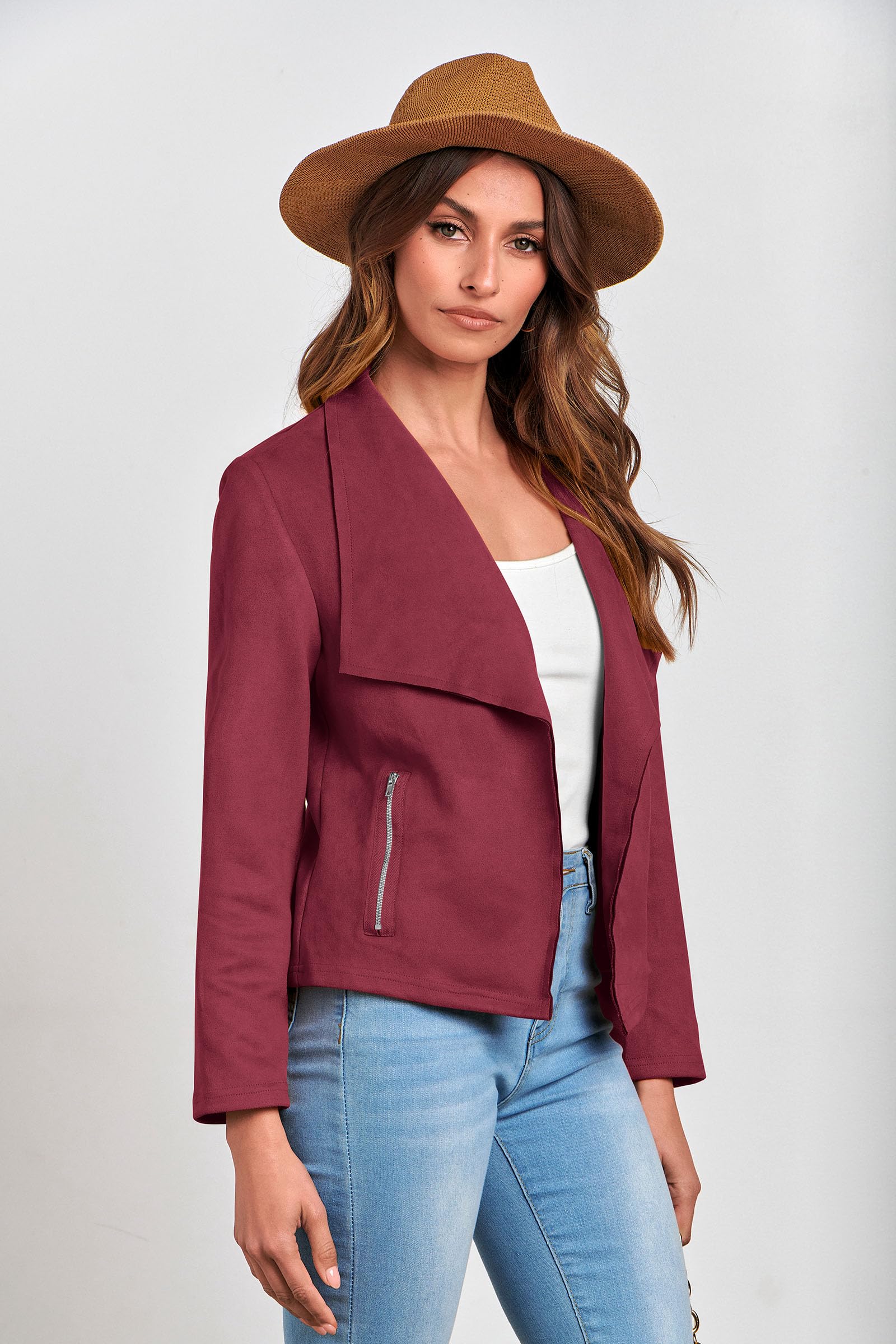 PRETTYGARDEN Women Cropped Jackets 2024 Fall Long Sleeve Faux Suede Leather Coats with Pockets (Wine Red,Large)