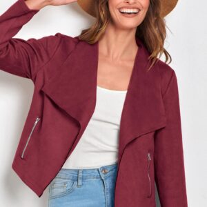 PRETTYGARDEN Women Cropped Jackets 2024 Fall Long Sleeve Faux Suede Leather Coats with Pockets (Wine Red,Large)