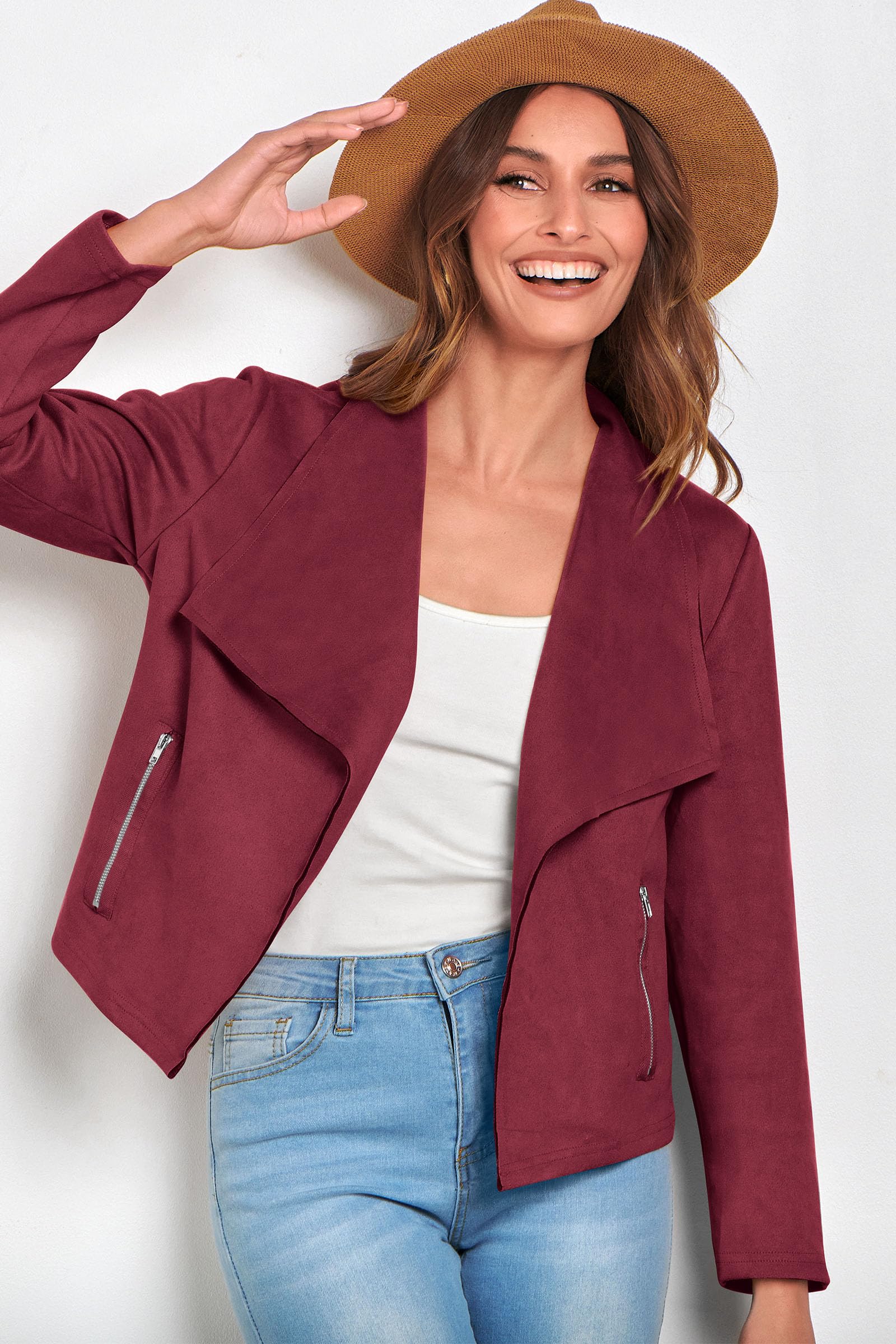 PRETTYGARDEN Women Cropped Jackets 2024 Fall Long Sleeve Faux Suede Leather Coats with Pockets (Wine Red,Large)