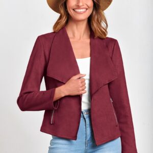 PRETTYGARDEN Women Cropped Jackets 2024 Fall Long Sleeve Faux Suede Leather Coats with Pockets (Wine Red,Large)