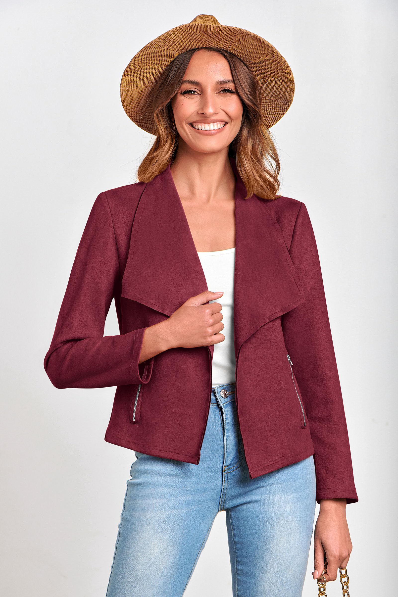 PRETTYGARDEN Women Cropped Jackets 2024 Fall Long Sleeve Faux Suede Leather Coats with Pockets (Wine Red,Large)