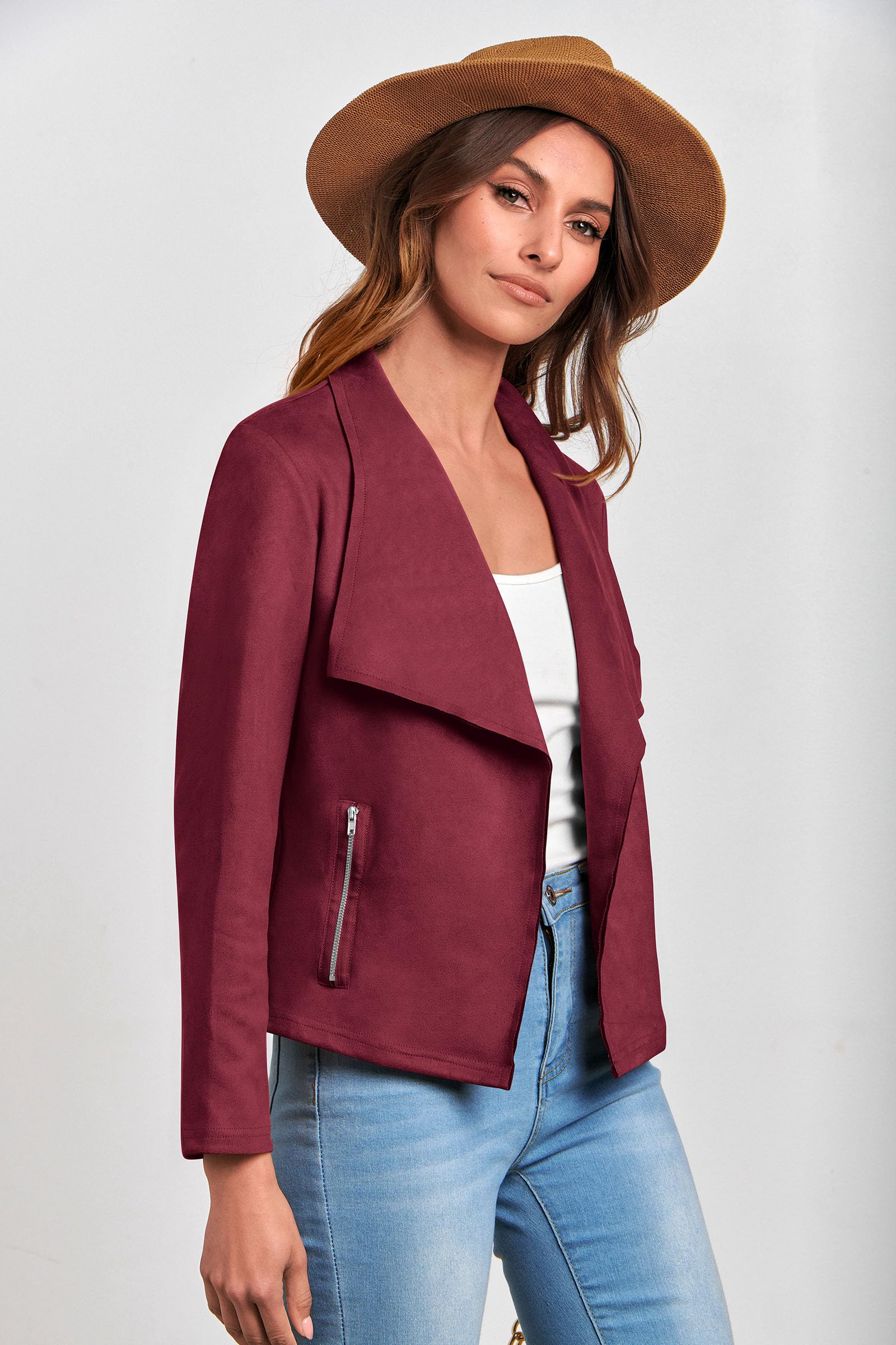 PRETTYGARDEN Women Cropped Jackets 2024 Fall Long Sleeve Faux Suede Leather Coats with Pockets (Wine Red,Large)