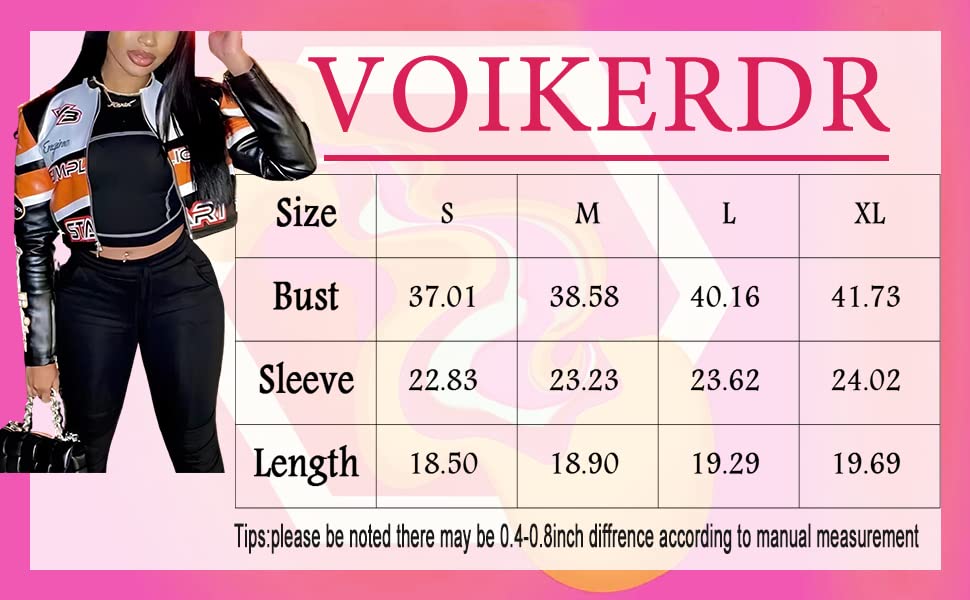 VOIKERDR Leather Jacket Zipper Moto Biker Short Bomber Jacket Women Faux Leather Jacket