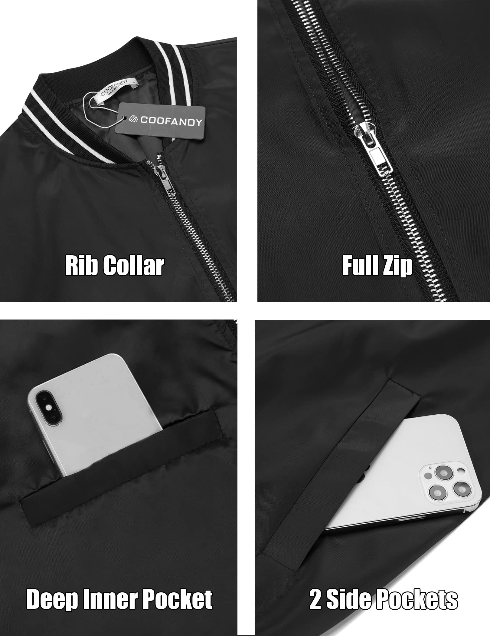 COOFANDY Varsity Jackets For Men Fashion Light Weight Bomber Jackets Windbreaker Waterproof Black