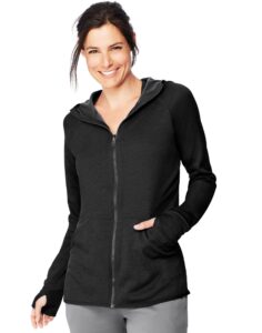 hanes womens sport performance full zip hoodie fleece jacket, black heather/dada grey binding, x-large us