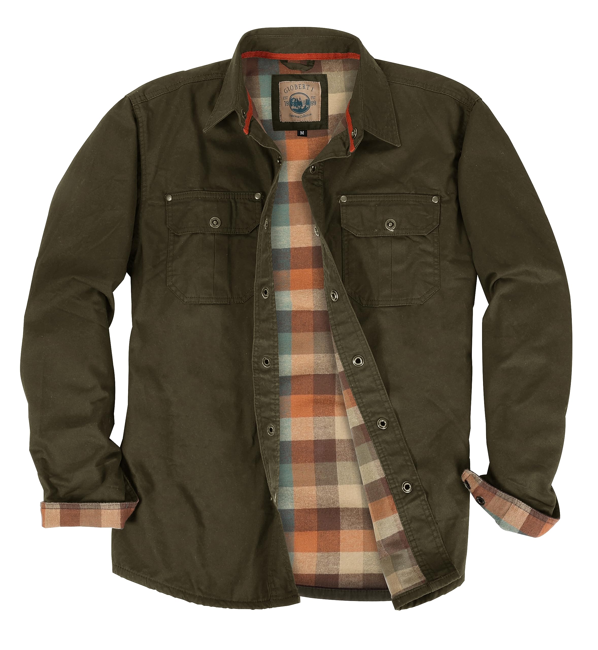 Gioberti Men's Brushed and Soft Twill Shirt Jacket with Flannel Lining, Olive, L