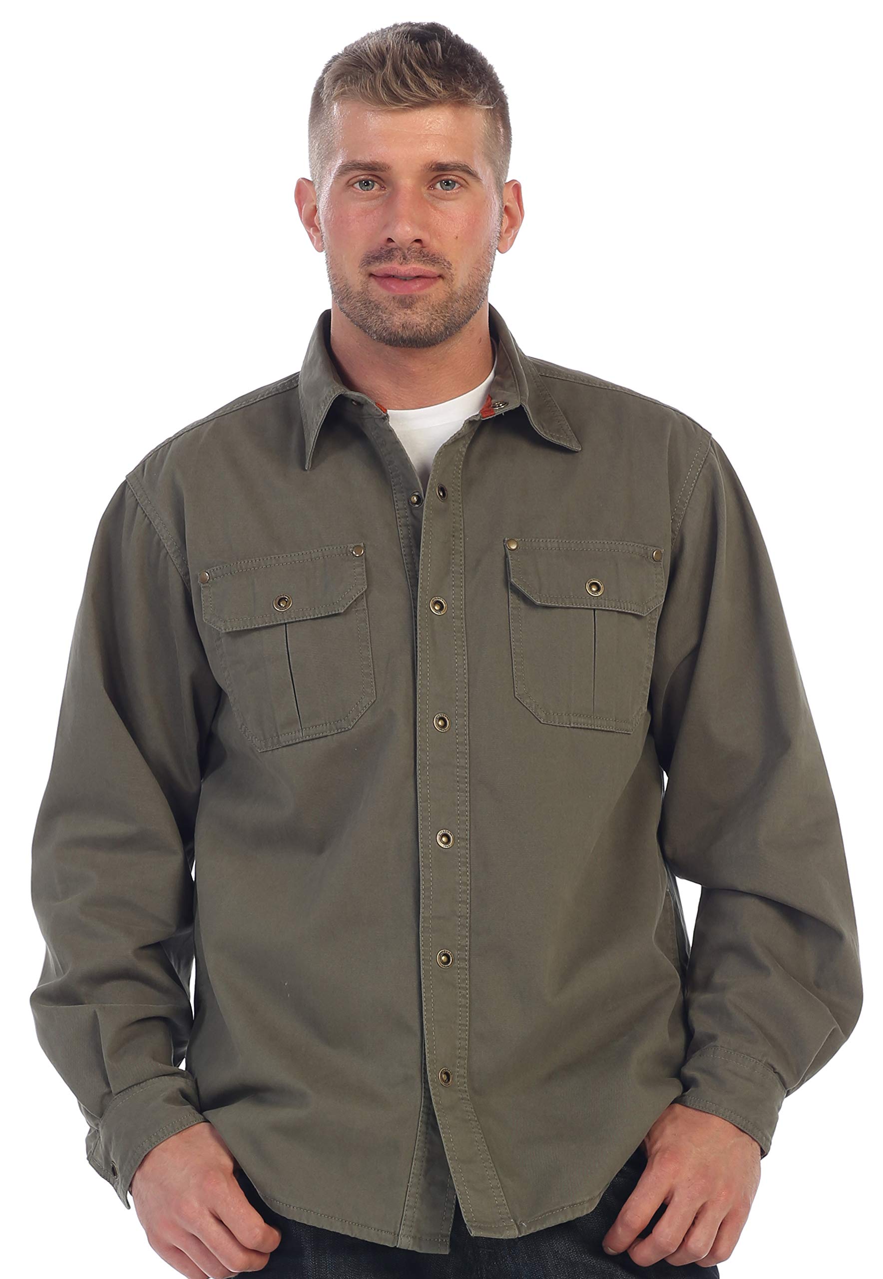 Gioberti Men's Brushed and Soft Twill Shirt Jacket with Flannel Lining, Olive, L