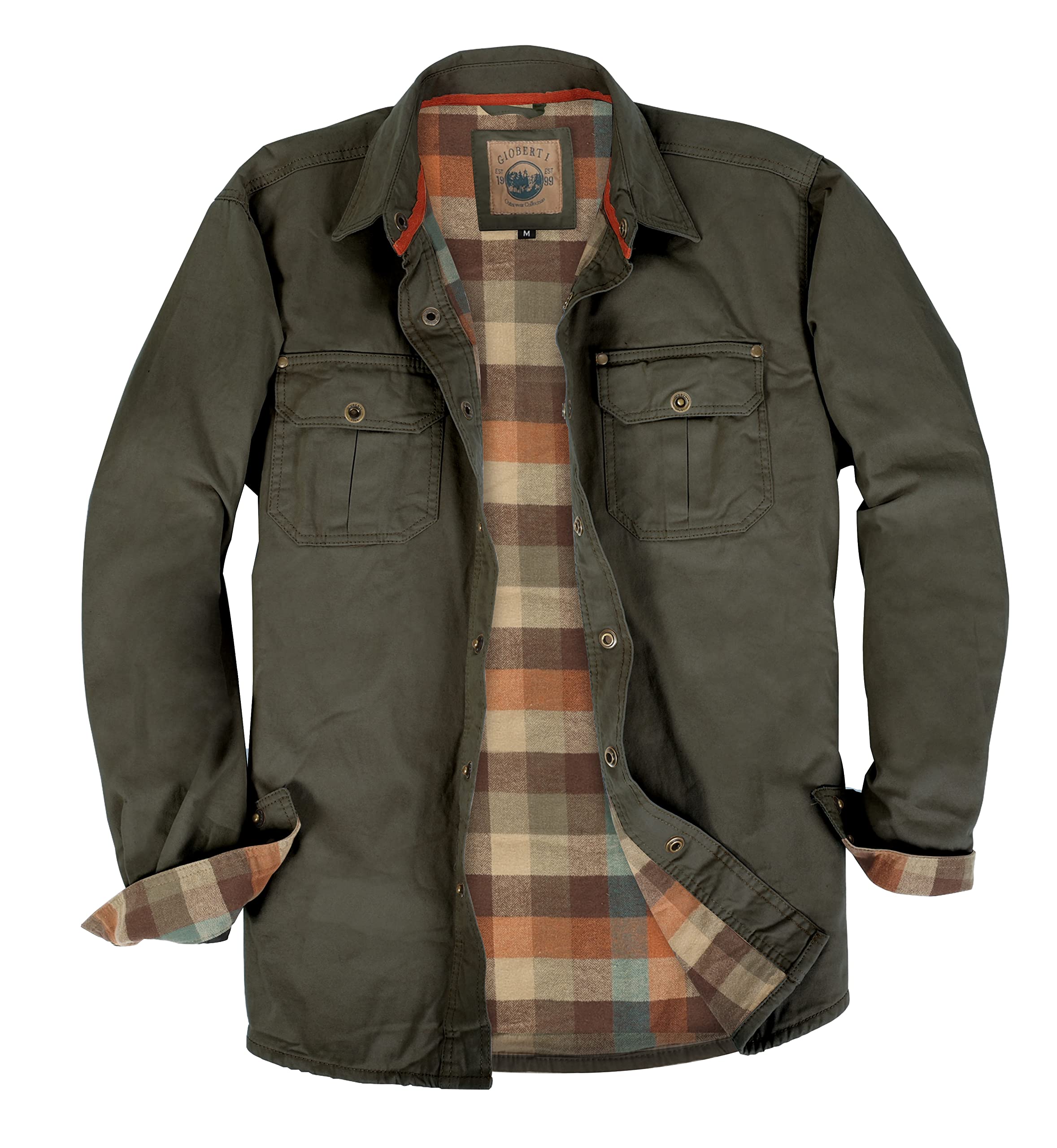 Gioberti Men's Brushed and Soft Twill Shirt Jacket with Flannel Lining, Olive, L