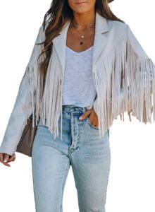 dokotoo womens fall 2023 jackets for women faux suede leather casual lapel fashion tassel motorcycle cropped jacket white small