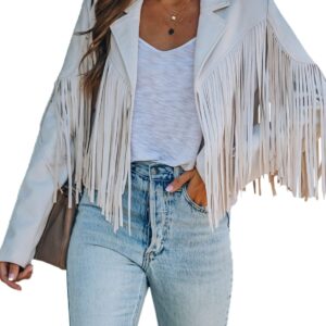 Dokotoo Womens Fall 2023 Jackets for Women Faux Suede Leather Casual Lapel Fashion Tassel Motorcycle Cropped Jacket White Small