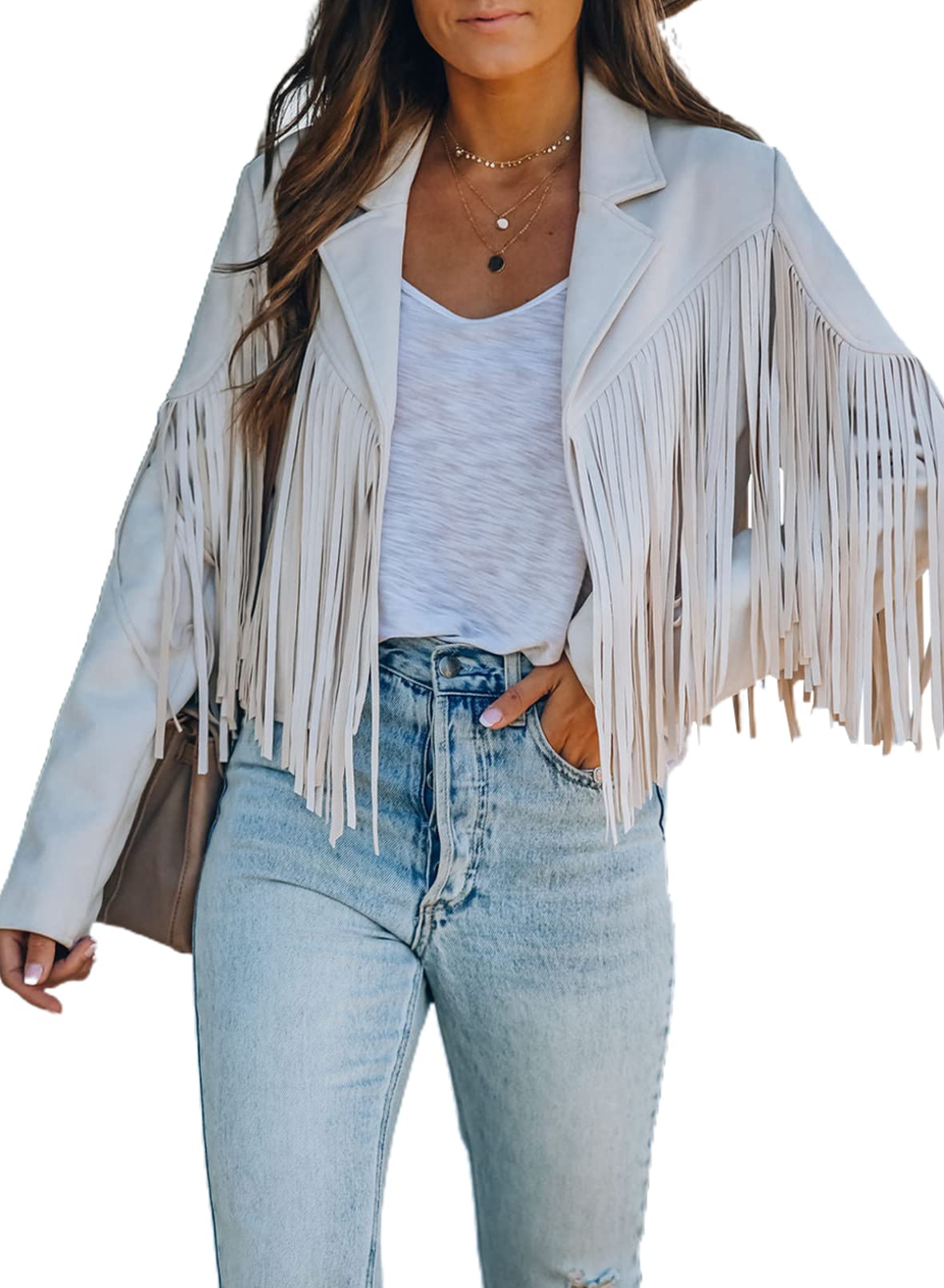 Dokotoo Womens Fall 2023 Jackets for Women Faux Suede Leather Casual Lapel Fashion Tassel Motorcycle Cropped Jacket White Small