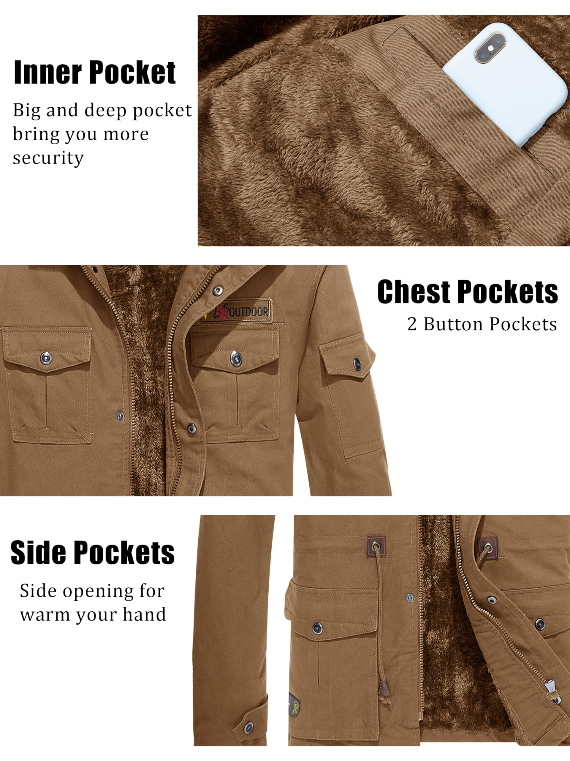 MAGCOMSEN Winter Coats for Mens Military Parka Jacket Fleece Lined Winter Cargo Jackets Khaki S