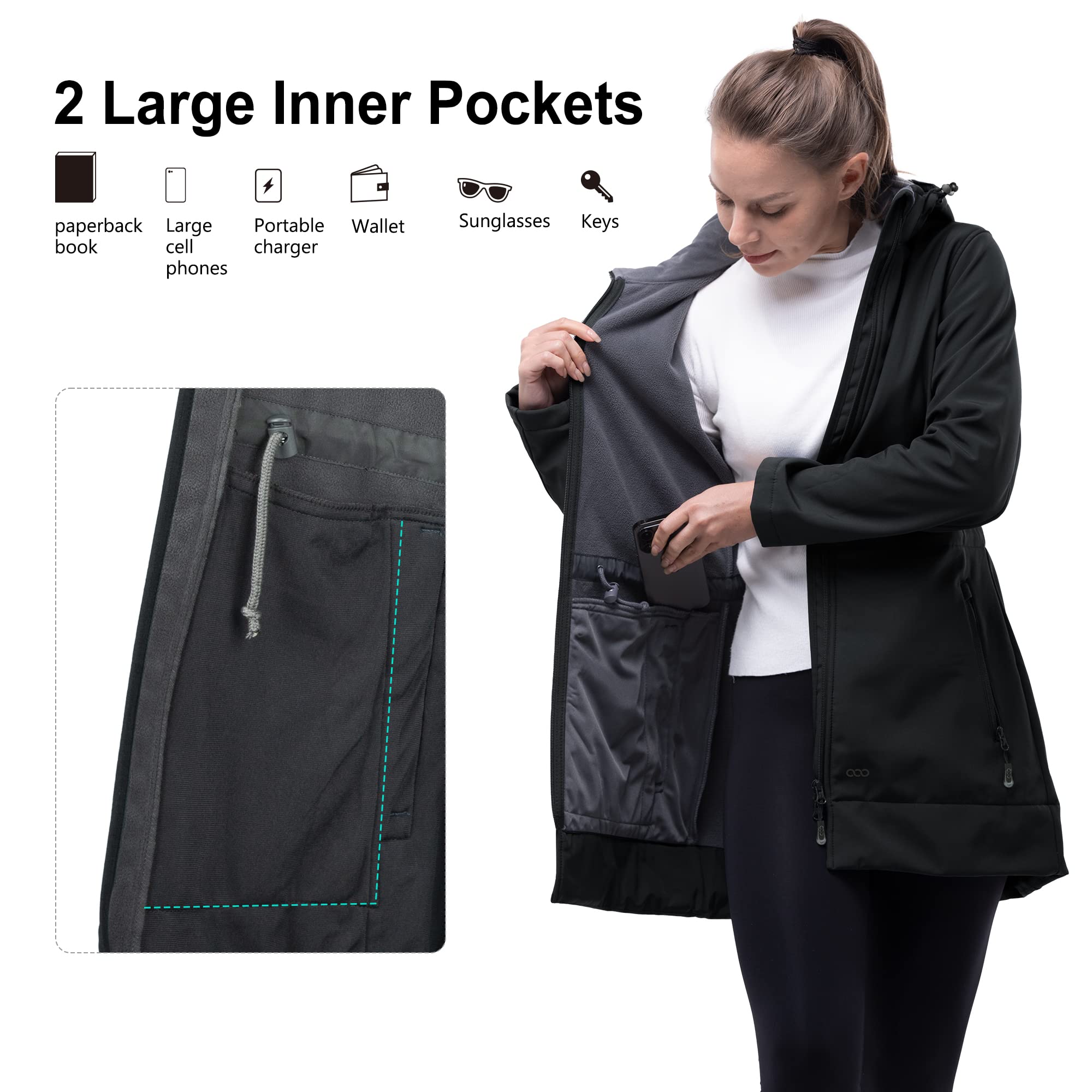 33,000ft Women's Waterproof Softshell Long Rain Jacket with Hood Fleece Lined Windproof Windbreaker