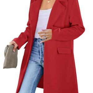 PRETTYGARDEN 2024 Fall Long Blazer Jackets for Women Long Sleeve Lapel Pockets Loose Fit Business Casual Blazers Outfits (Red,Small)