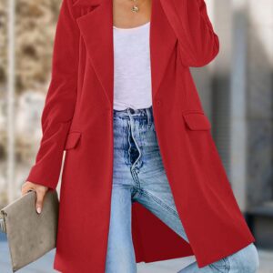 PRETTYGARDEN 2024 Fall Long Blazer Jackets for Women Long Sleeve Lapel Pockets Loose Fit Business Casual Blazers Outfits (Red,Small)