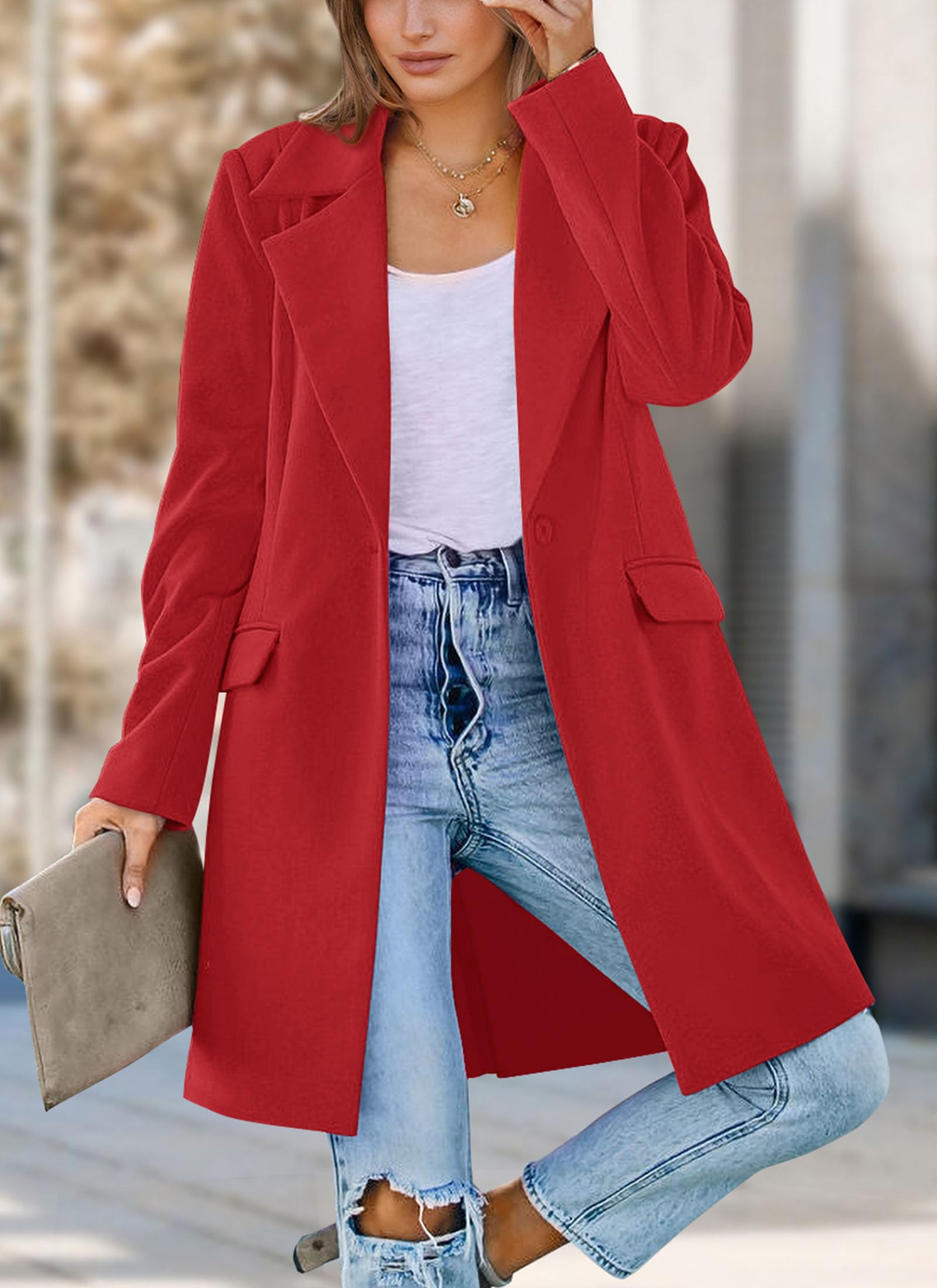 PRETTYGARDEN 2024 Fall Long Blazer Jackets for Women Long Sleeve Lapel Pockets Loose Fit Business Casual Blazers Outfits (Red,Small)