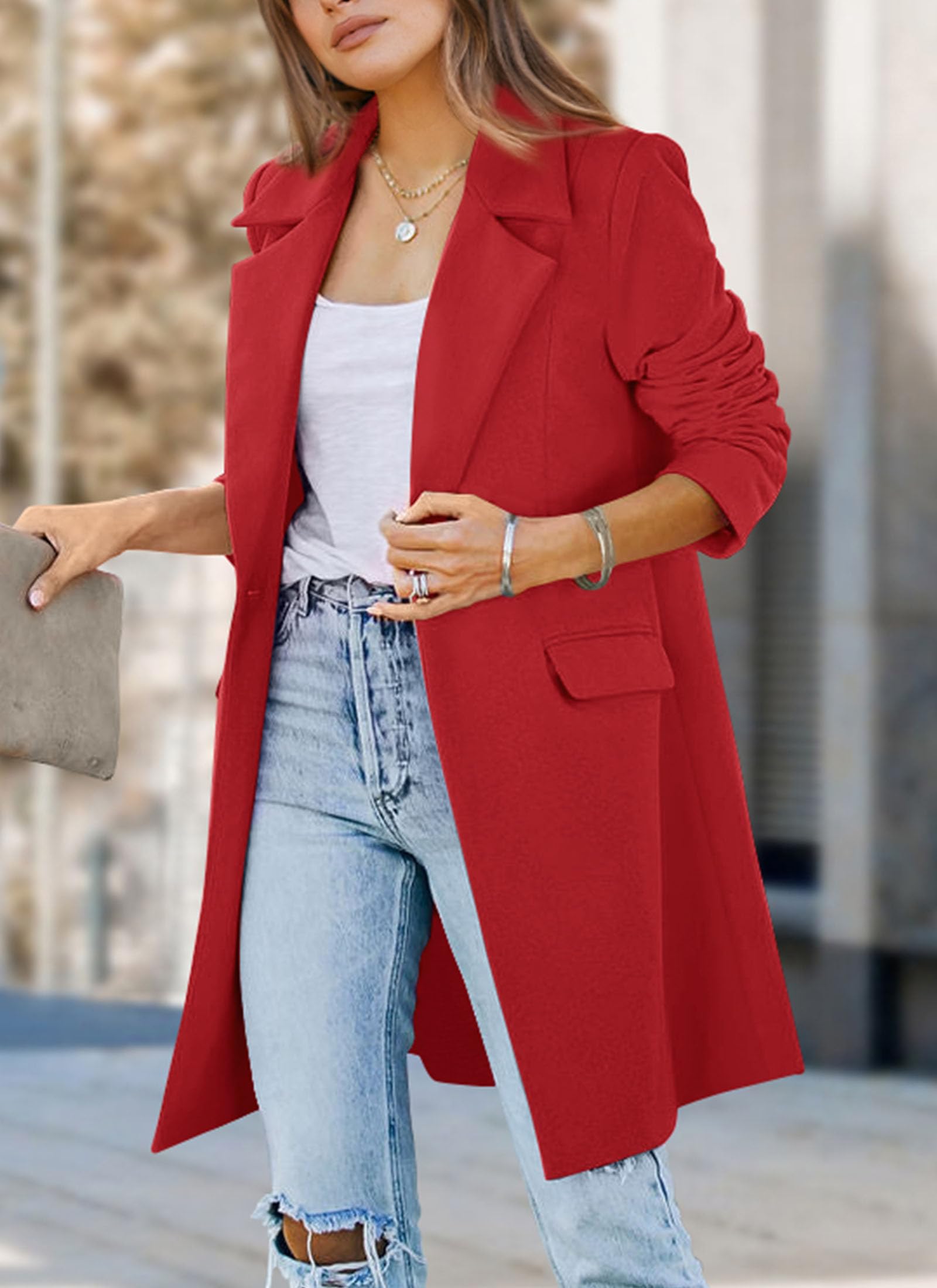 PRETTYGARDEN 2024 Fall Long Blazer Jackets for Women Long Sleeve Lapel Pockets Loose Fit Business Casual Blazers Outfits (Red,Small)