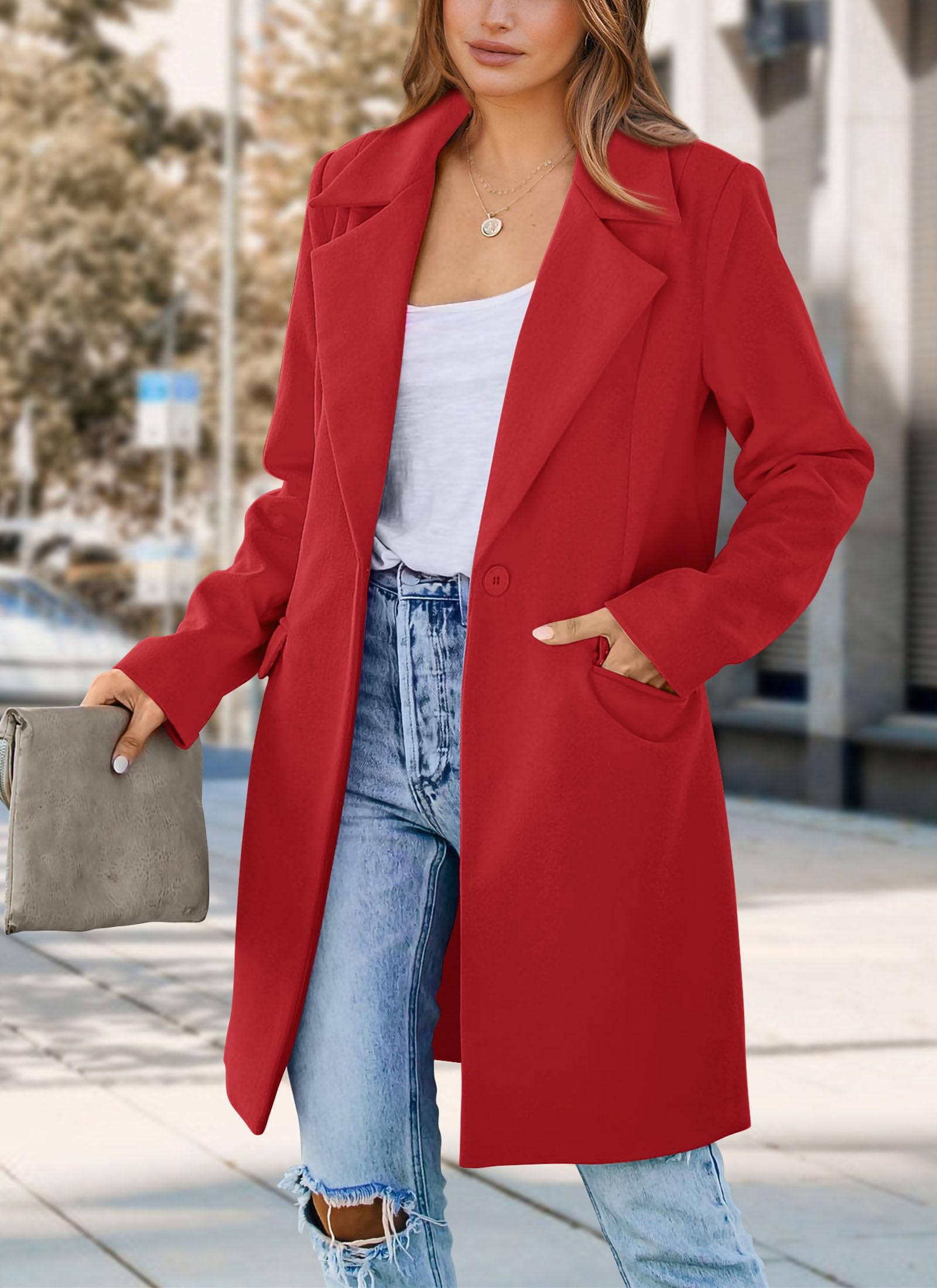 PRETTYGARDEN 2024 Fall Long Blazer Jackets for Women Long Sleeve Lapel Pockets Loose Fit Business Casual Blazers Outfits (Red,Small)