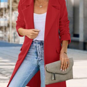 PRETTYGARDEN 2024 Fall Long Blazer Jackets for Women Long Sleeve Lapel Pockets Loose Fit Business Casual Blazers Outfits (Red,Small)