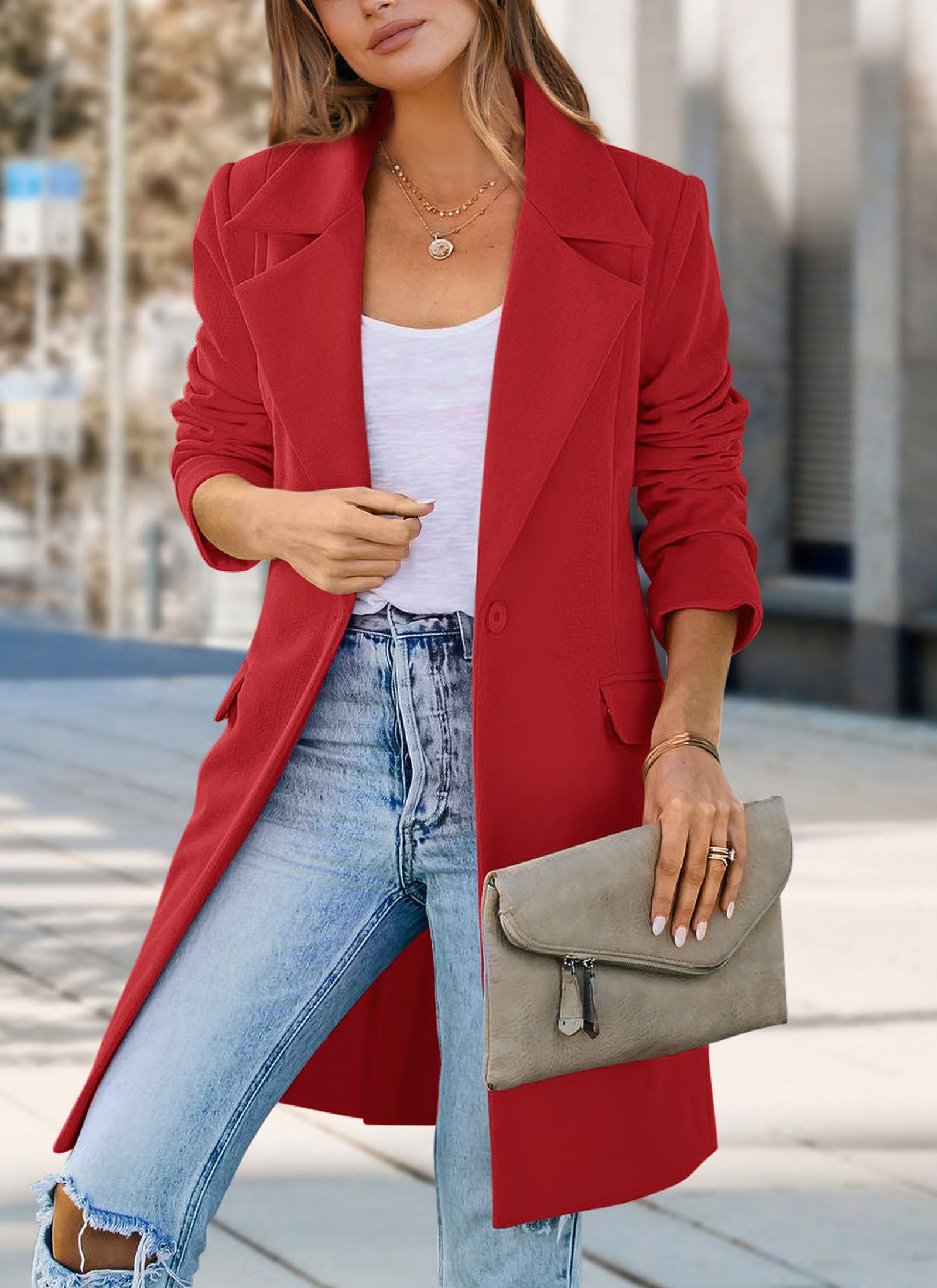 PRETTYGARDEN 2024 Fall Long Blazer Jackets for Women Long Sleeve Lapel Pockets Loose Fit Business Casual Blazers Outfits (Red,Small)