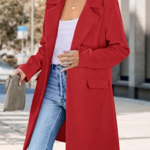 PRETTYGARDEN 2024 Fall Long Blazer Jackets for Women Long Sleeve Lapel Pockets Loose Fit Business Casual Blazers Outfits (Red,Small)