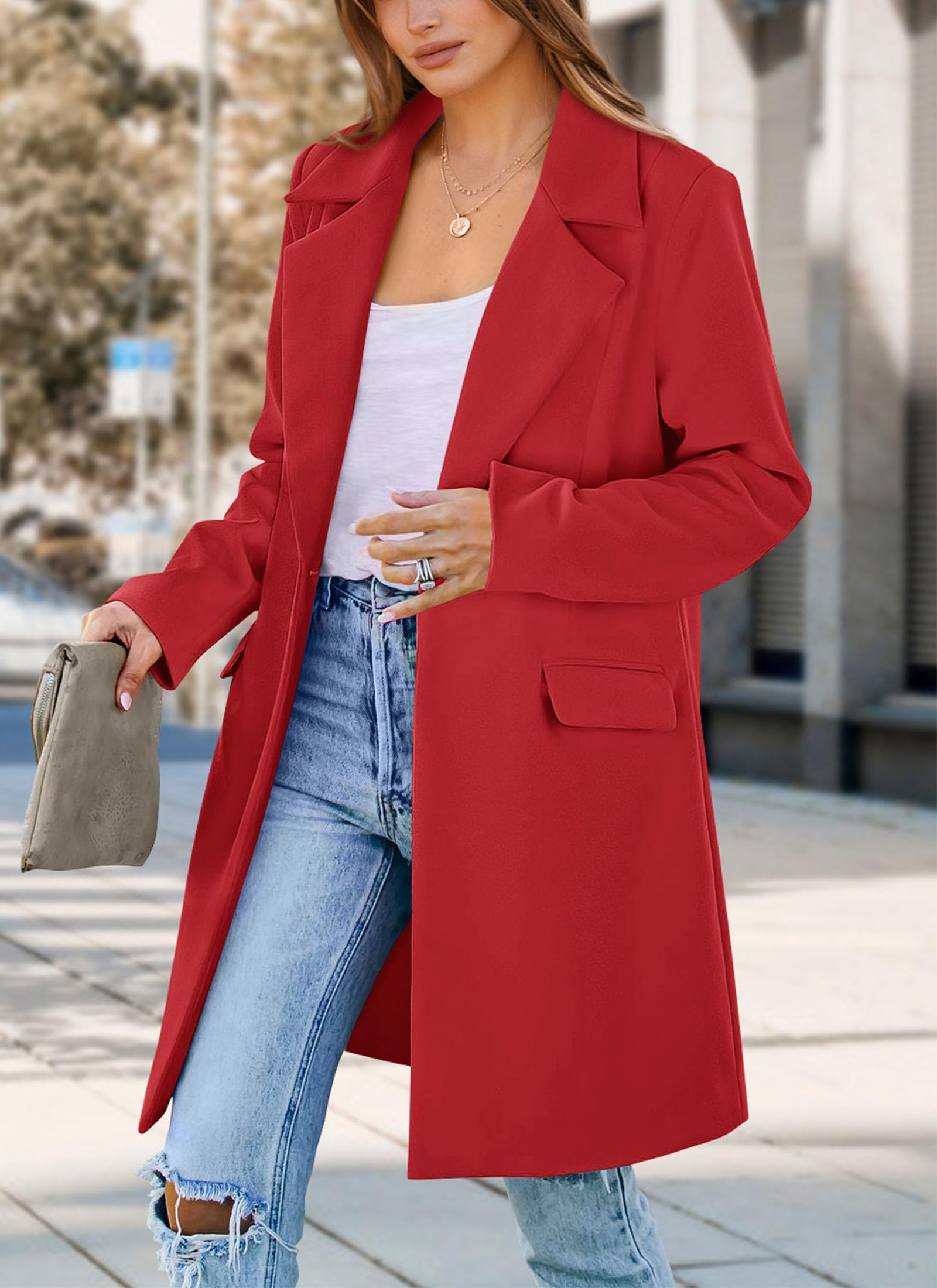 PRETTYGARDEN 2024 Fall Long Blazer Jackets for Women Long Sleeve Lapel Pockets Loose Fit Business Casual Blazers Outfits (Red,Small)