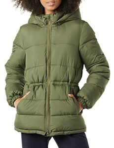 amazon essentials women's heavyweight puffer jacket with drawstring waist, olive, medium